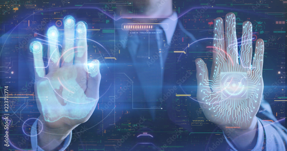 Businessman handprint leaning on control glass for biometric scan ...