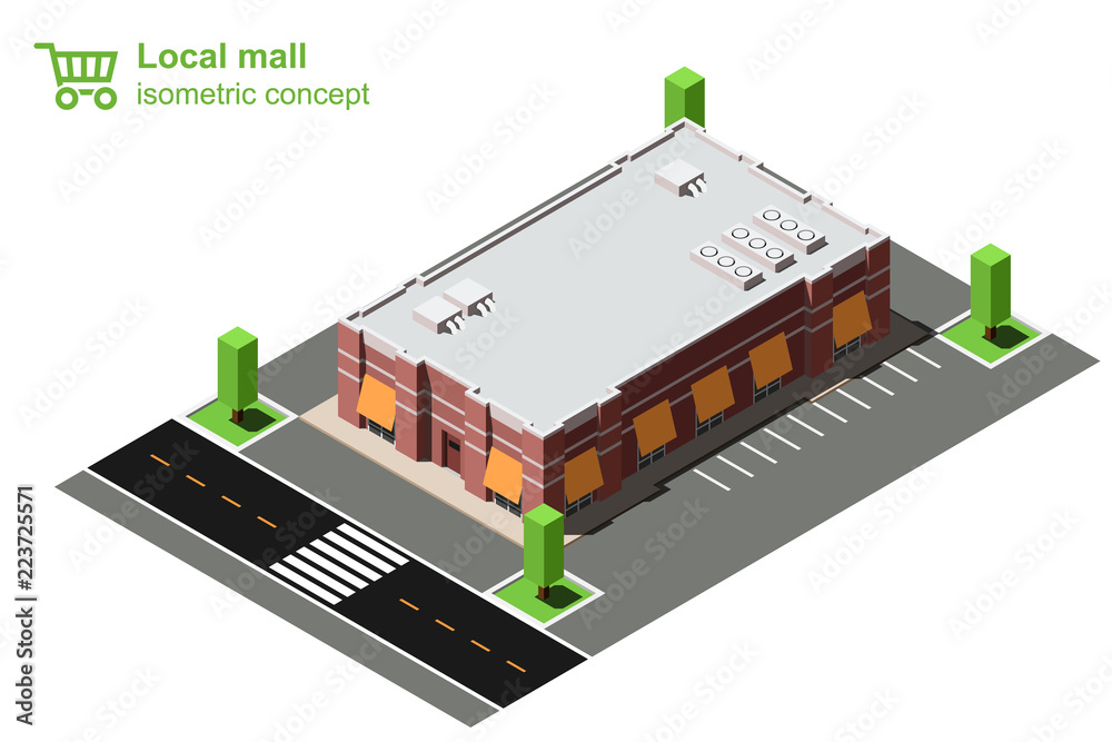 Isometric local mini mall vector illustration. Stock Vector | Adobe Stock