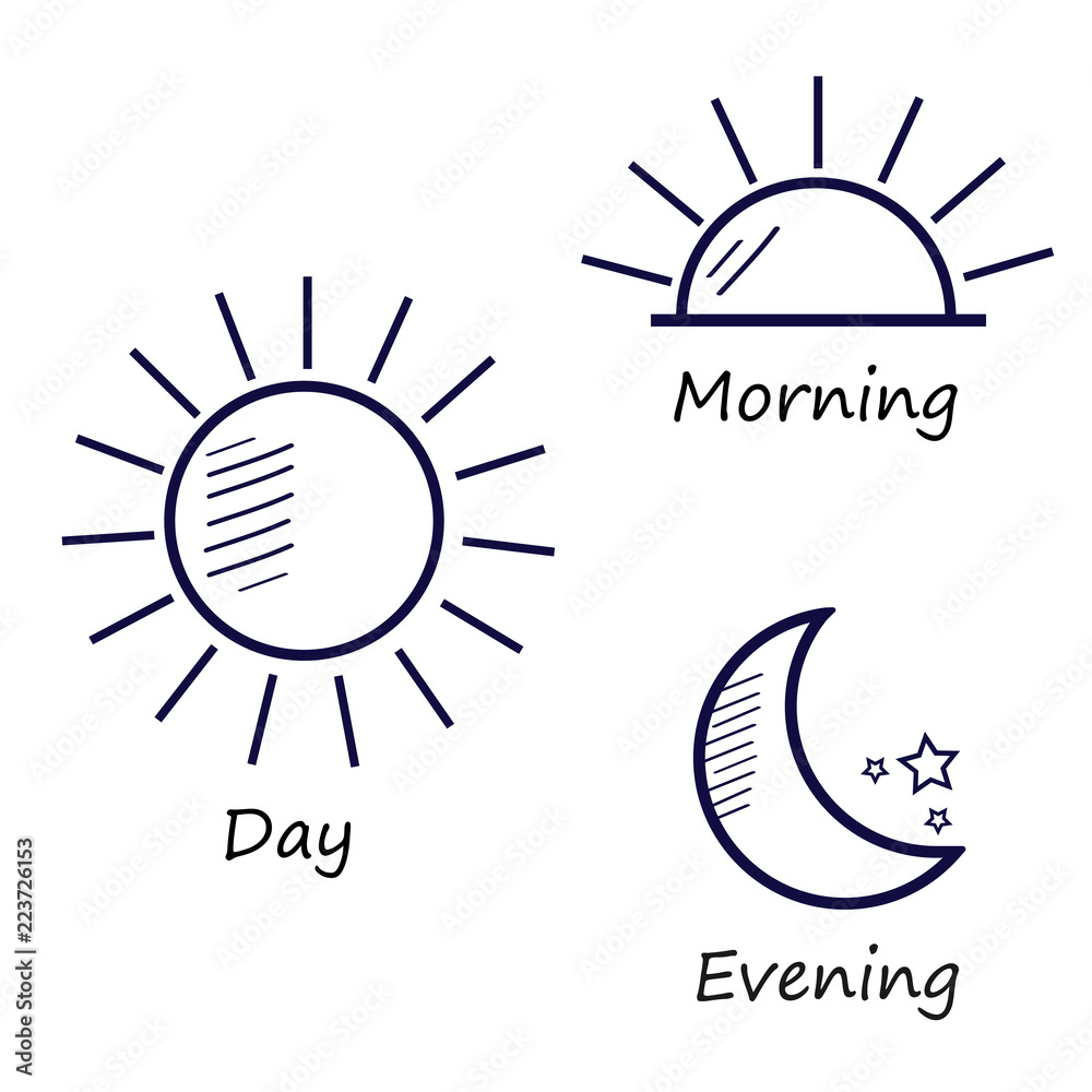 Time of the day simple icons set. Sunrise, sun, sunshine, moon and ...