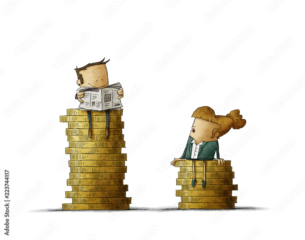 Gender wage difference concept. Illustration man and a woman sitting on ...