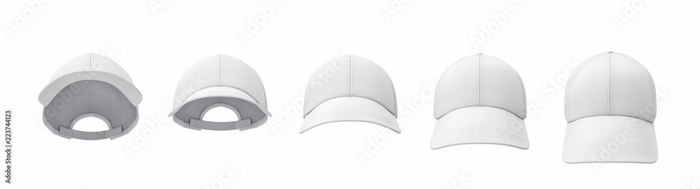 3d rendering of five white baseball caps shown in one line in a front ...