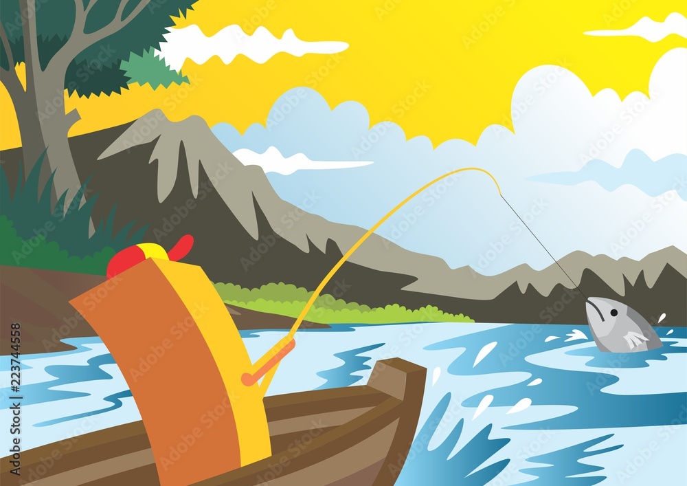 Cartoon illustration, a box people fishing in the river, vector eps 10 ...