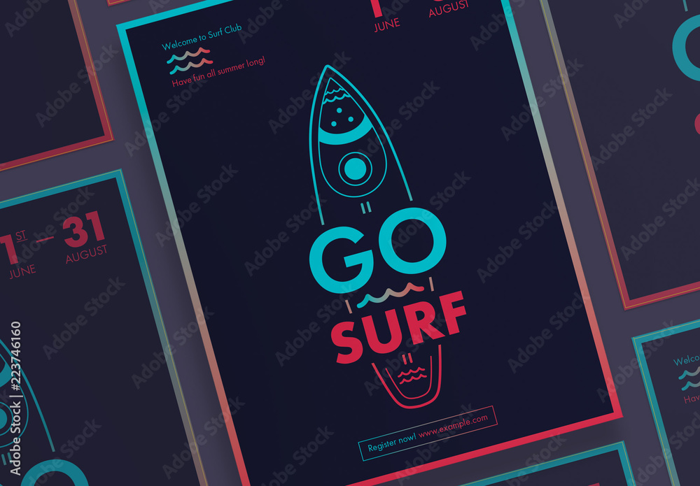 Poster Layout Set with Surfboard And Wave Elements Stock Template ...