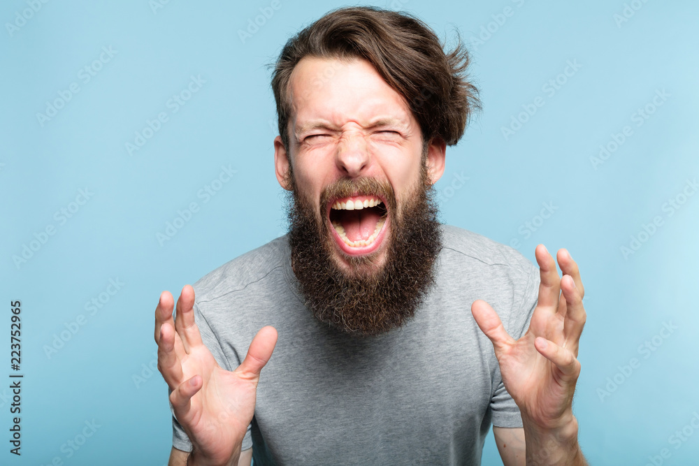 emotional breakdown. angry enraged infuriated crazy man screaming ...