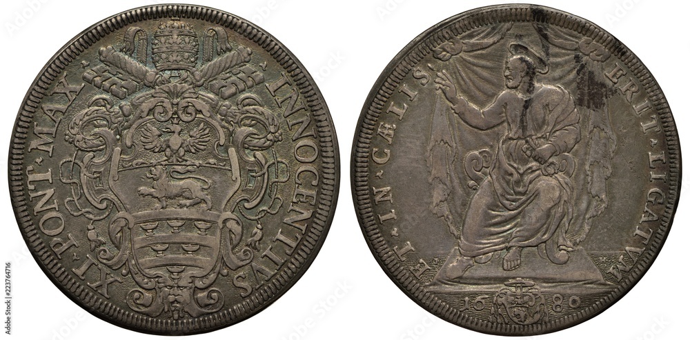 Vatican City silver coin 1 one piastre 1680, ruler Pope Innocent XI ...
