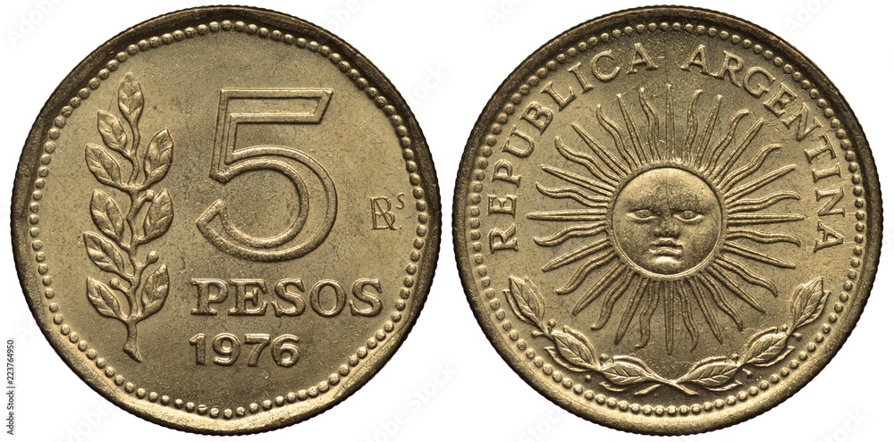 Argentina Argentinean coin 5 five peso 1976, value and date right to ...