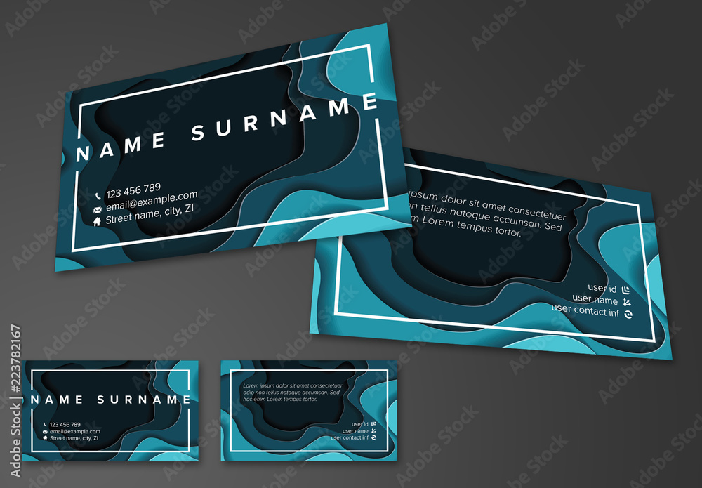 Business Card Layout with Blue Papercut Elements Stock Template | Adobe ...
