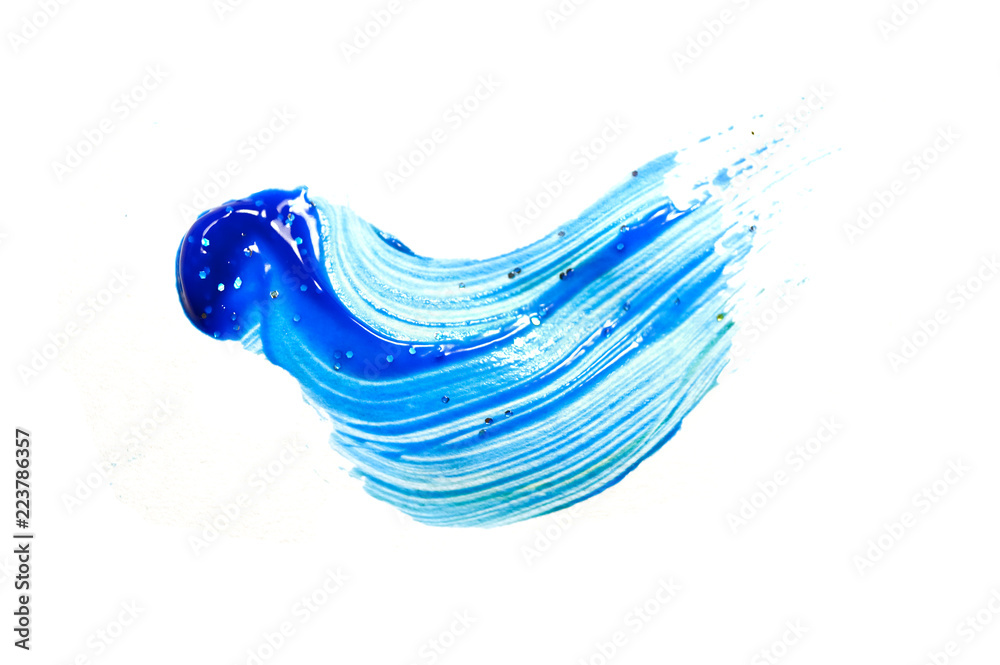 Blue paint splash isolated on white background. Brush stroke, glitter ...