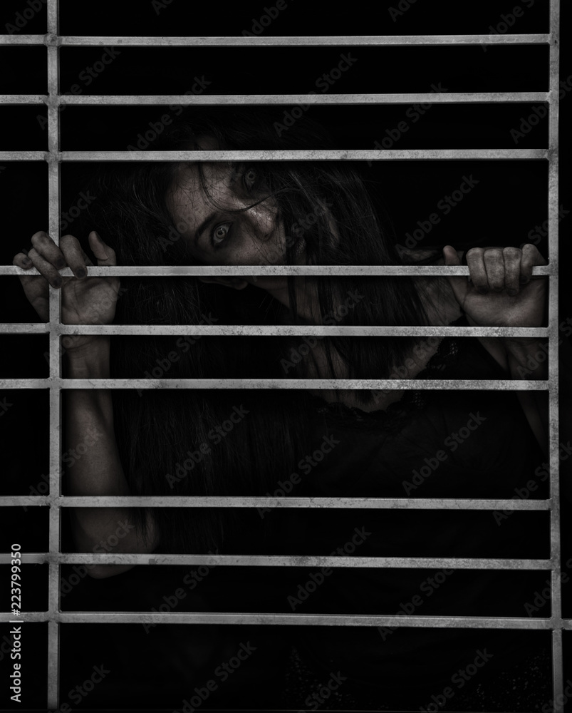 Horror Scene of a Possessed Woman ghost halloween in dark cage pound ...