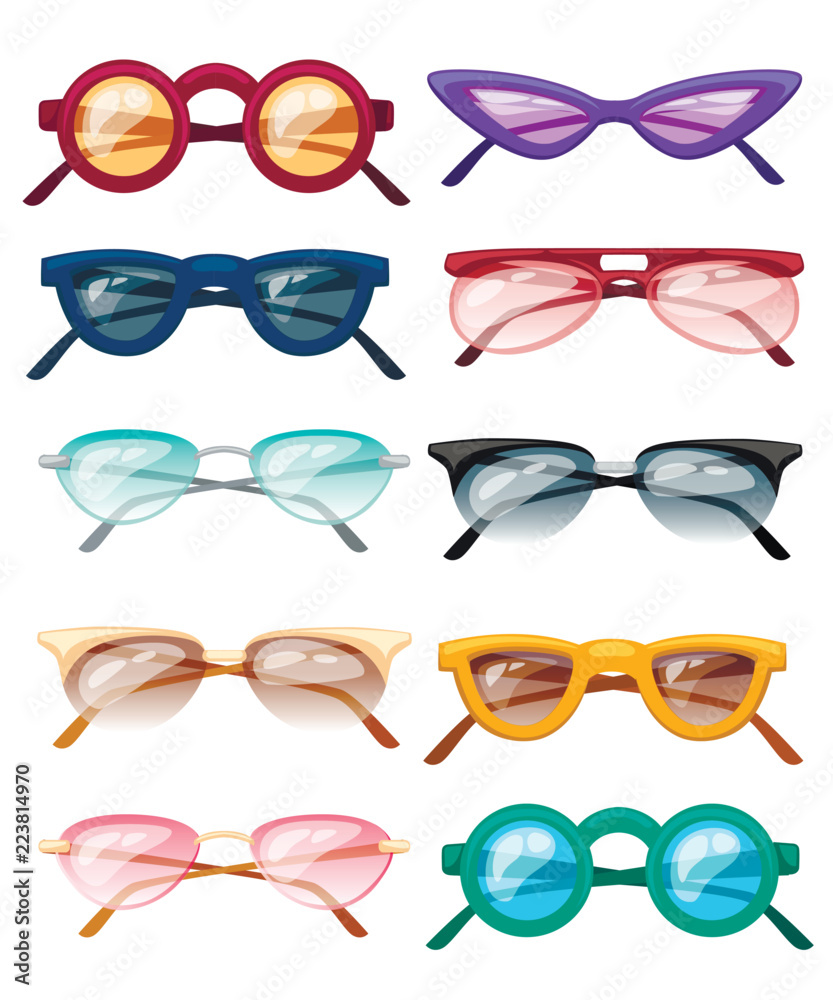 Set of colorful glasses. Collection of ten cartoon glasses with ...
