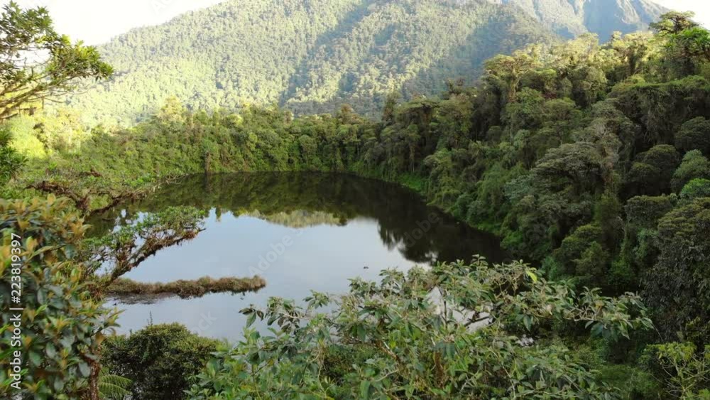 Flying out of pristine montane rainforest and over a volcanic crater ...