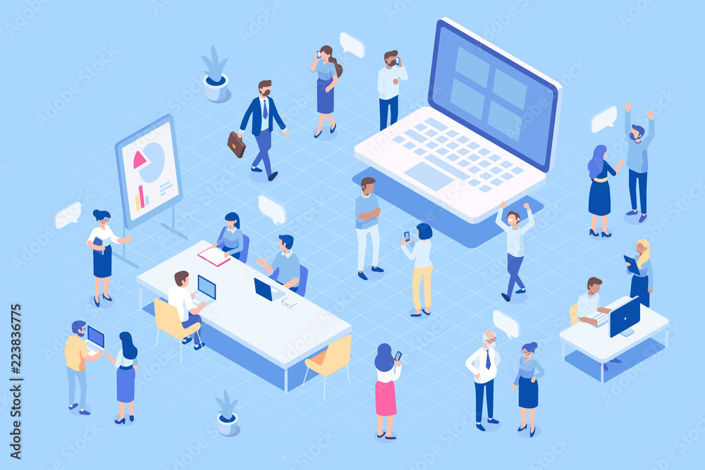 Isometric people in Office. Isometric office workspace. Flat vector ...