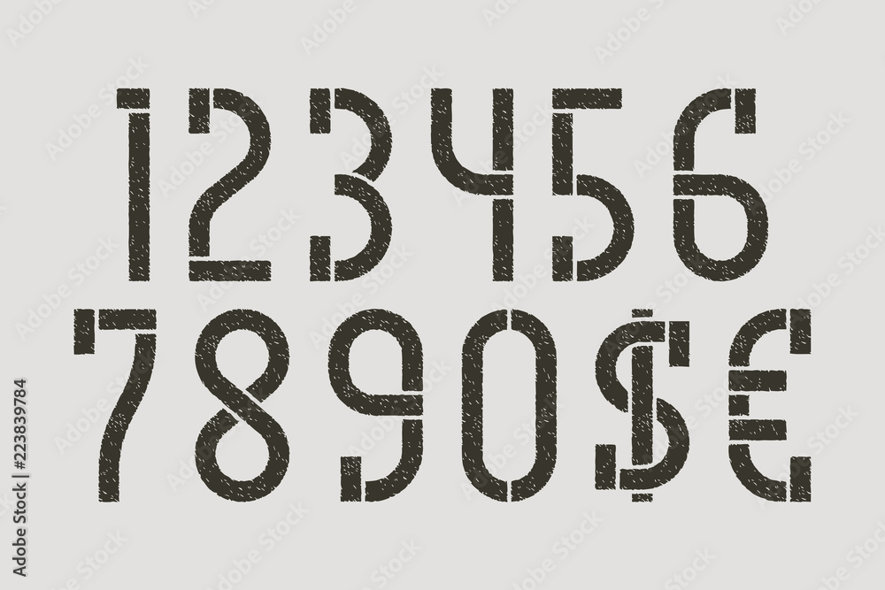 Army stylized stencil numbers with currency signs of dollar and euro ...