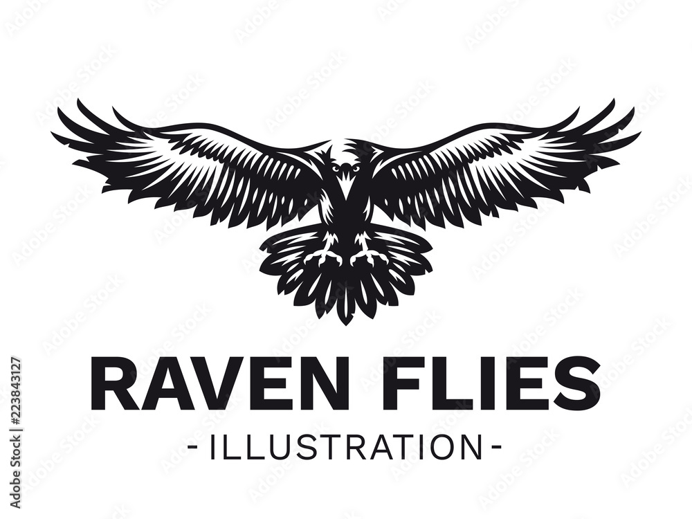Raven bird in front - vector illustration, logo, emblem black and white ...