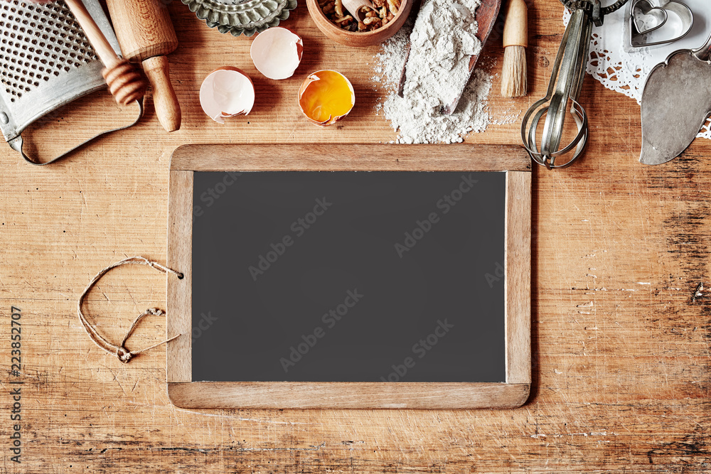 Baking border with vintage cookware, egg and flour Stock Photo | Adobe ...