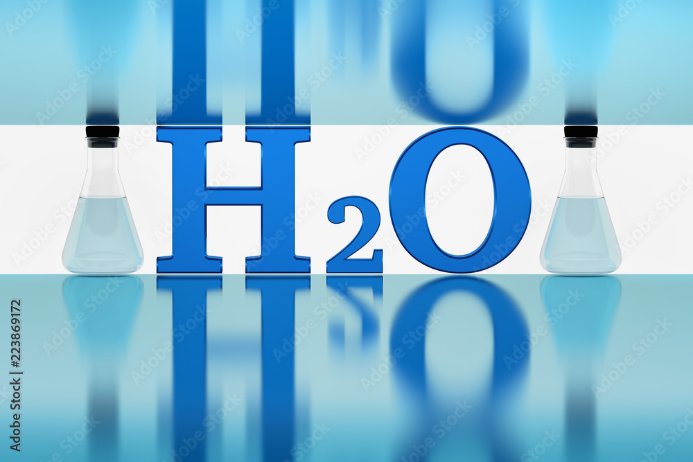 Scientific illustration with H2O water chemical formula with Erlenmeyer ...