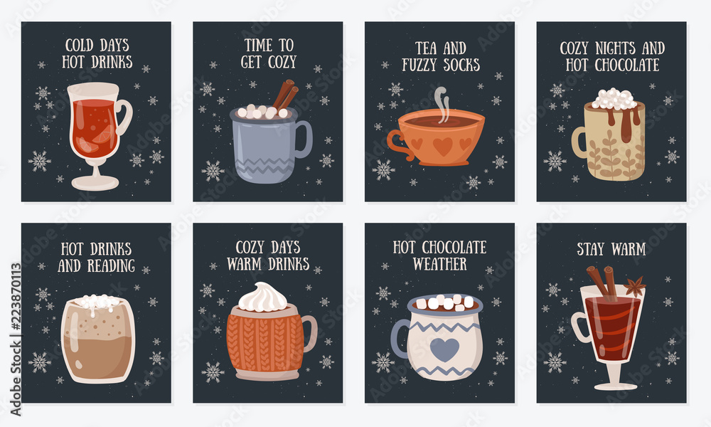 Vector postcard collection with hot drinks and cozy slogan in flat ...