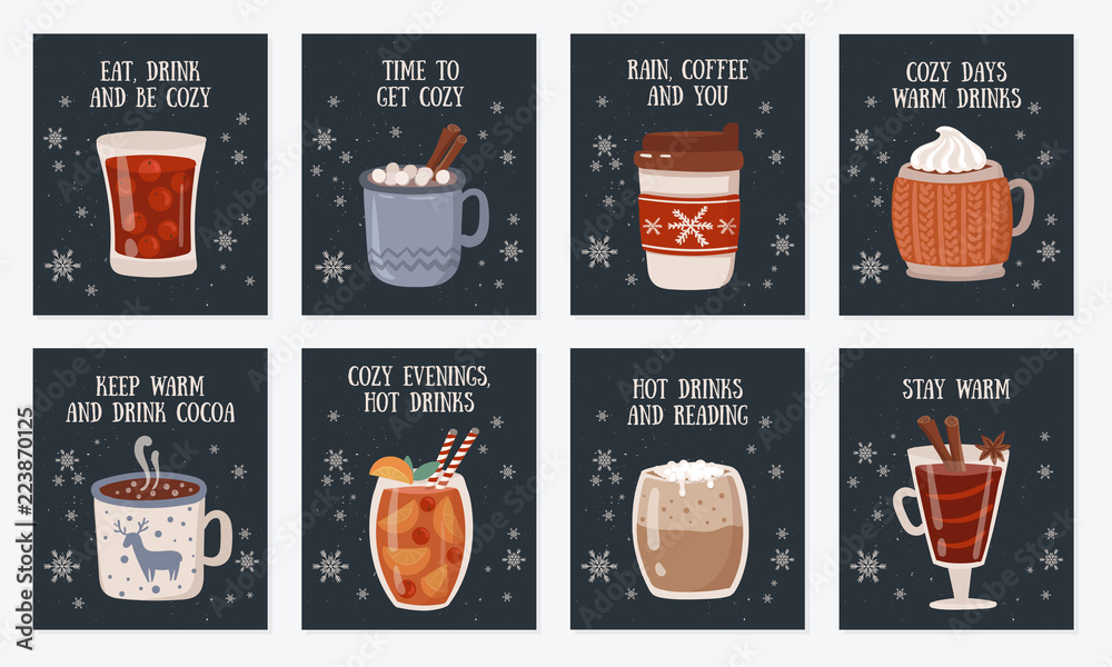 Vector postcard collection with hot drinks and cozy slogan in flat ...