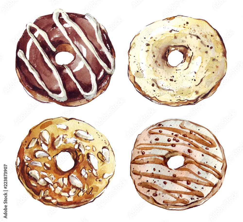 Donuts painted with watercolors on white background. Colored pastries ...