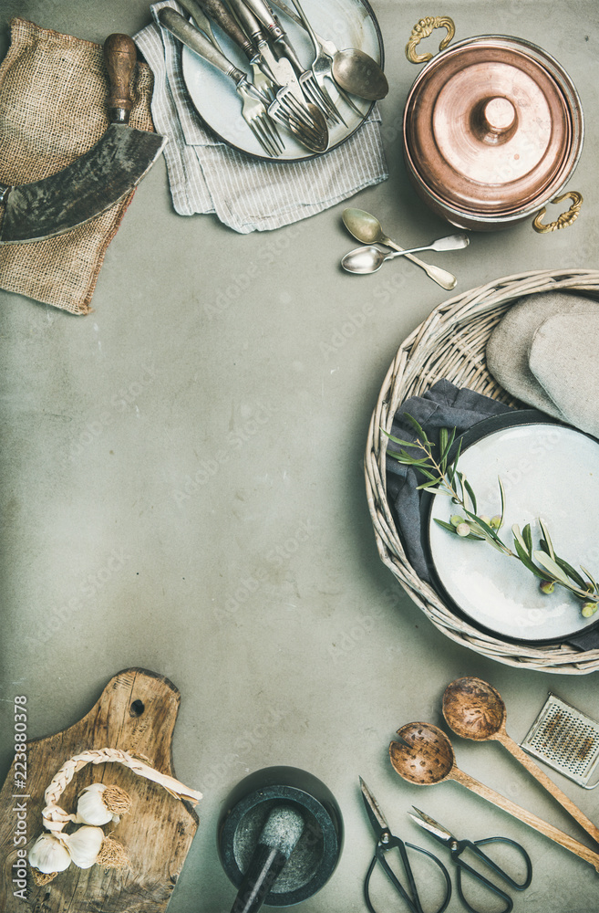 Food cooking minimalistic background. Flat-lay of various kitchen ...