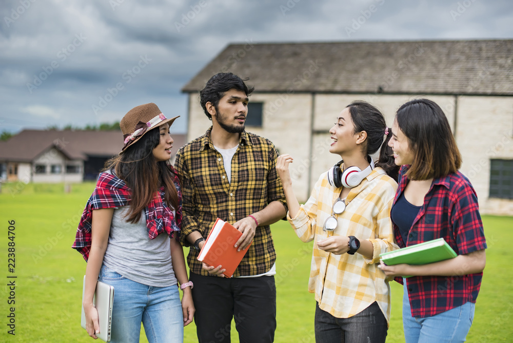 education, school and people concept - Cheerful university students ...