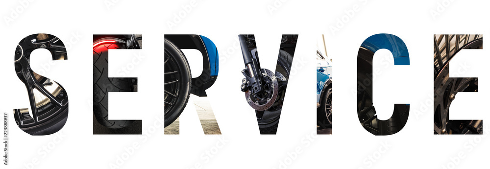 Automotive font Alphabet wording SERVICE. Made of modern car with ...