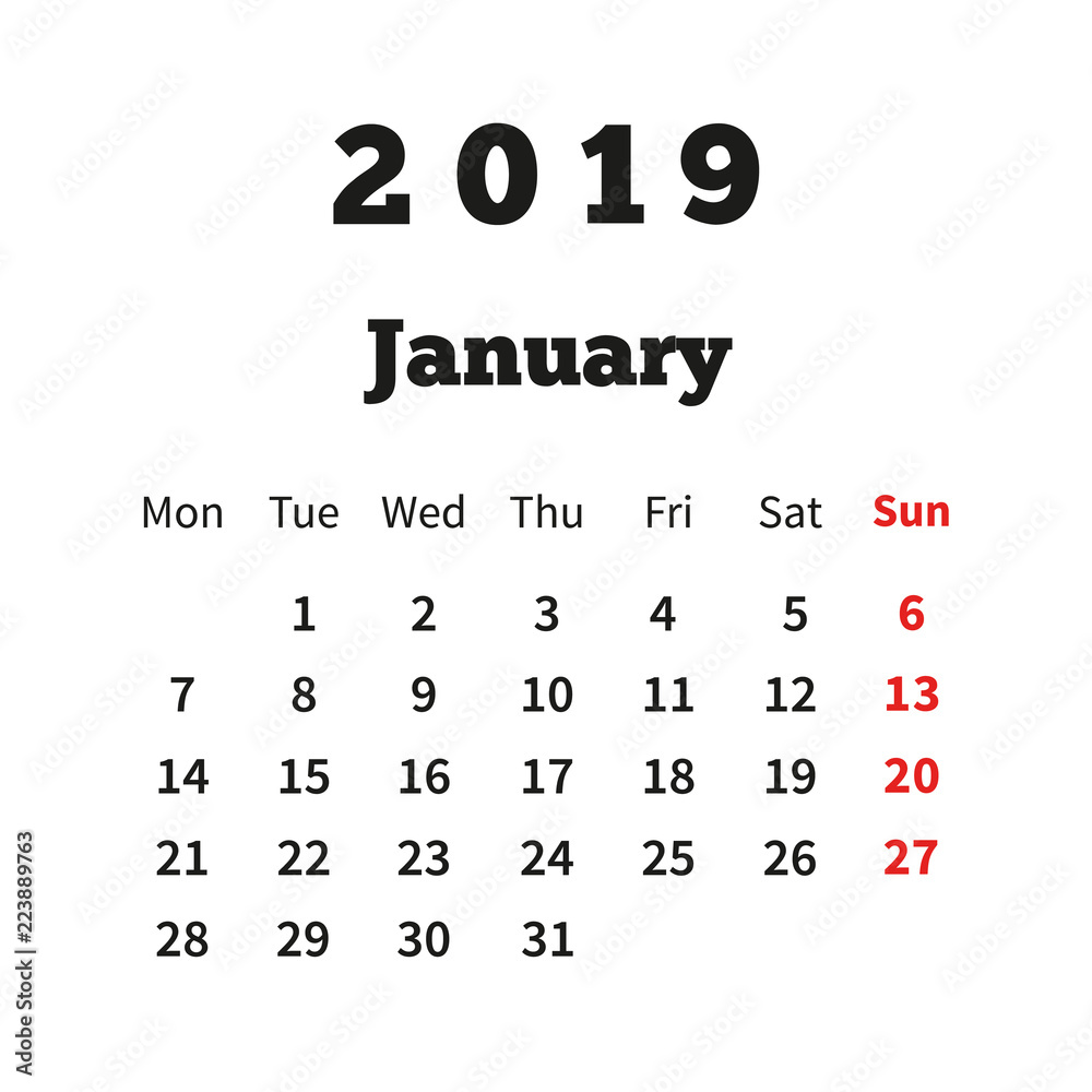 Simple calendar on january 2019 year with week starting from monday ...