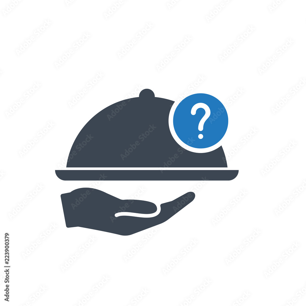 Restaurant icon, Tray on the hand concept icon with question mark ...