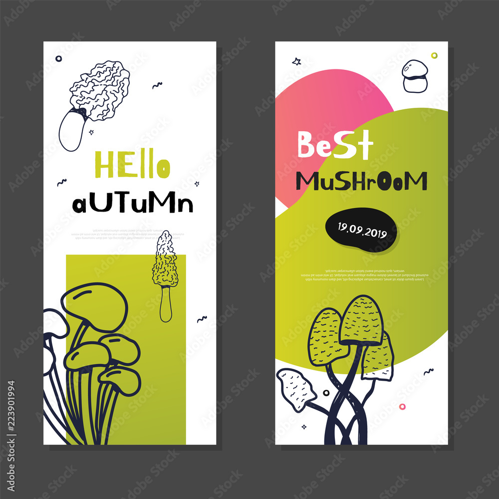 Mushroom doodle banner set with Isolated sketch Champignon, enokitake ...