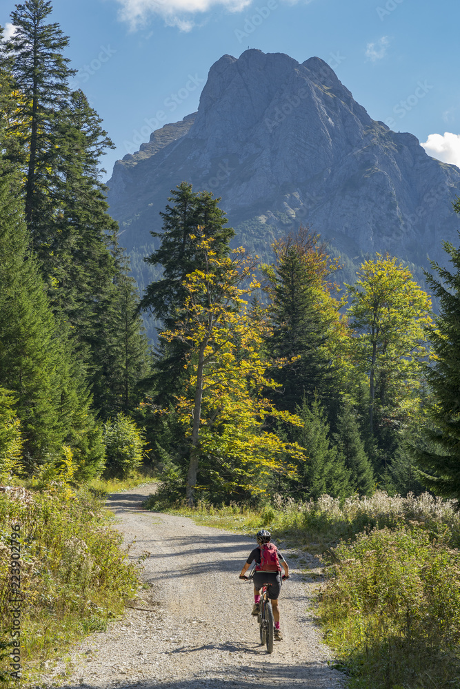 nice and active senior woman, riding her e-mountainbike in the Tannheim ...