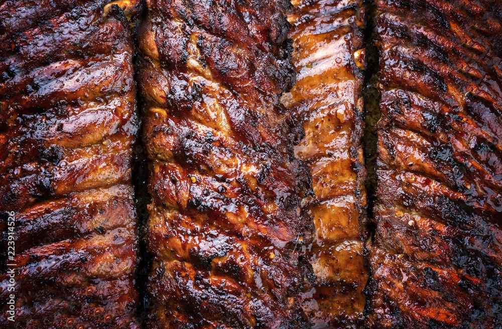 Barbecue spare ribs St Louis cut with hot honey chili marinade as top ...