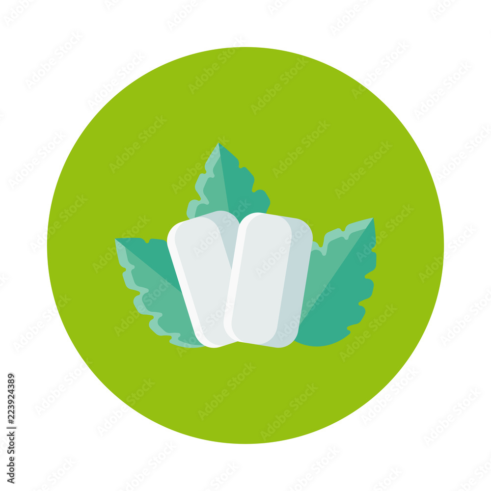 Gum with mint leaves flat icon with long shadow isolated on green ...