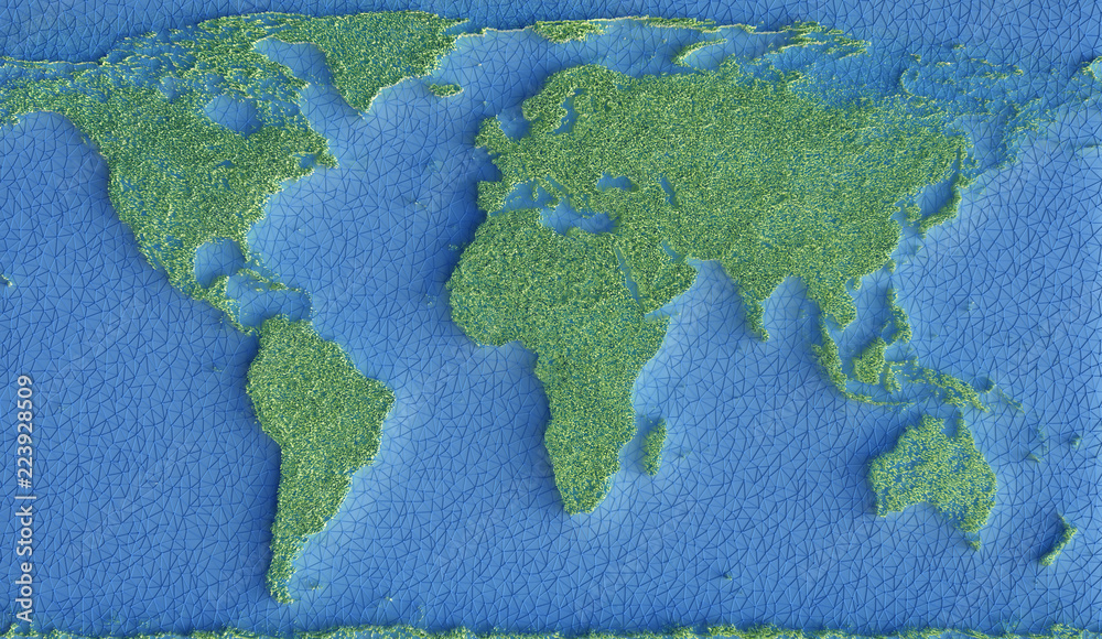 Map of the planet Earth represented by green grass and the oceans by a ...