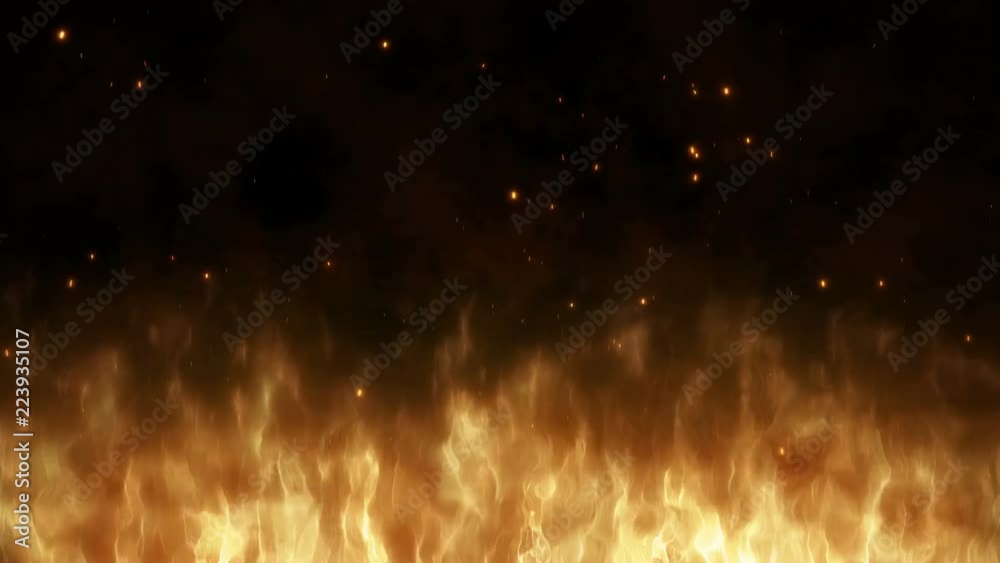 Realistic large fire with hot sparks rise in the night sky. Burning red ...