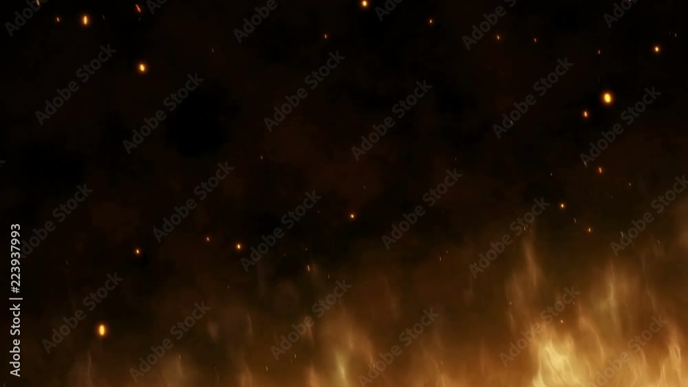 Realistic wall of fire with hot sparks rise in the night sky. Burning ...