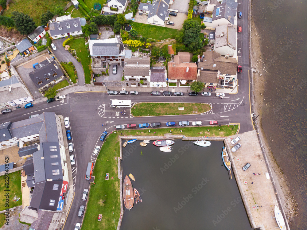An aerial view of the harbour at Kinvara, situated on the south-eastern ...