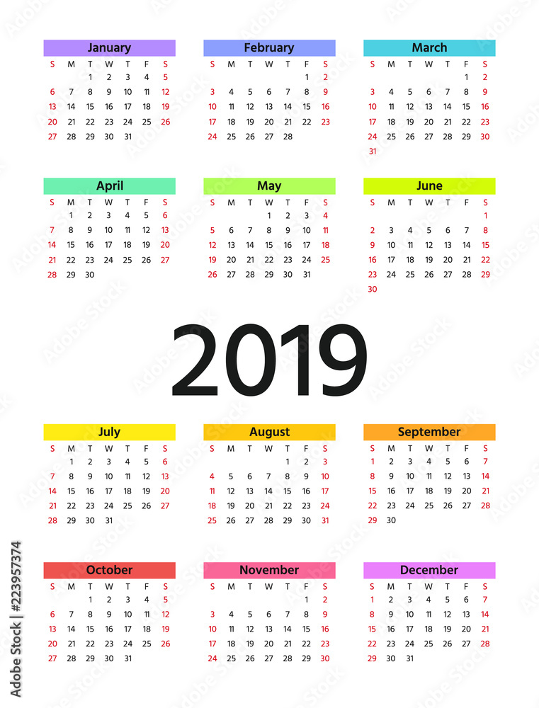 2019 Calendar in minimal design. Week starts Sunday. Vector. Stationery ...