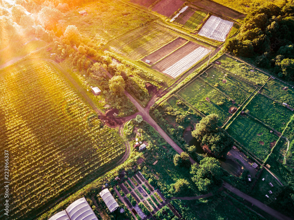 Drone aerial photography of an organic inner city farm taken at sun set ...
