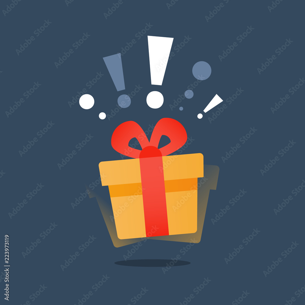 Wonder gift with exclamation mark, delight present, surprise yellow ...