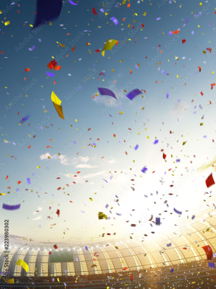 Stadium day Confetti and tinsel with people fans. 3d render ...