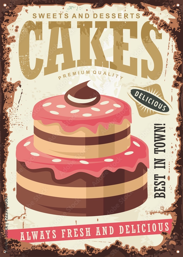 Vintage sign for cakes and desserts. Retro poster with delicious pink ...