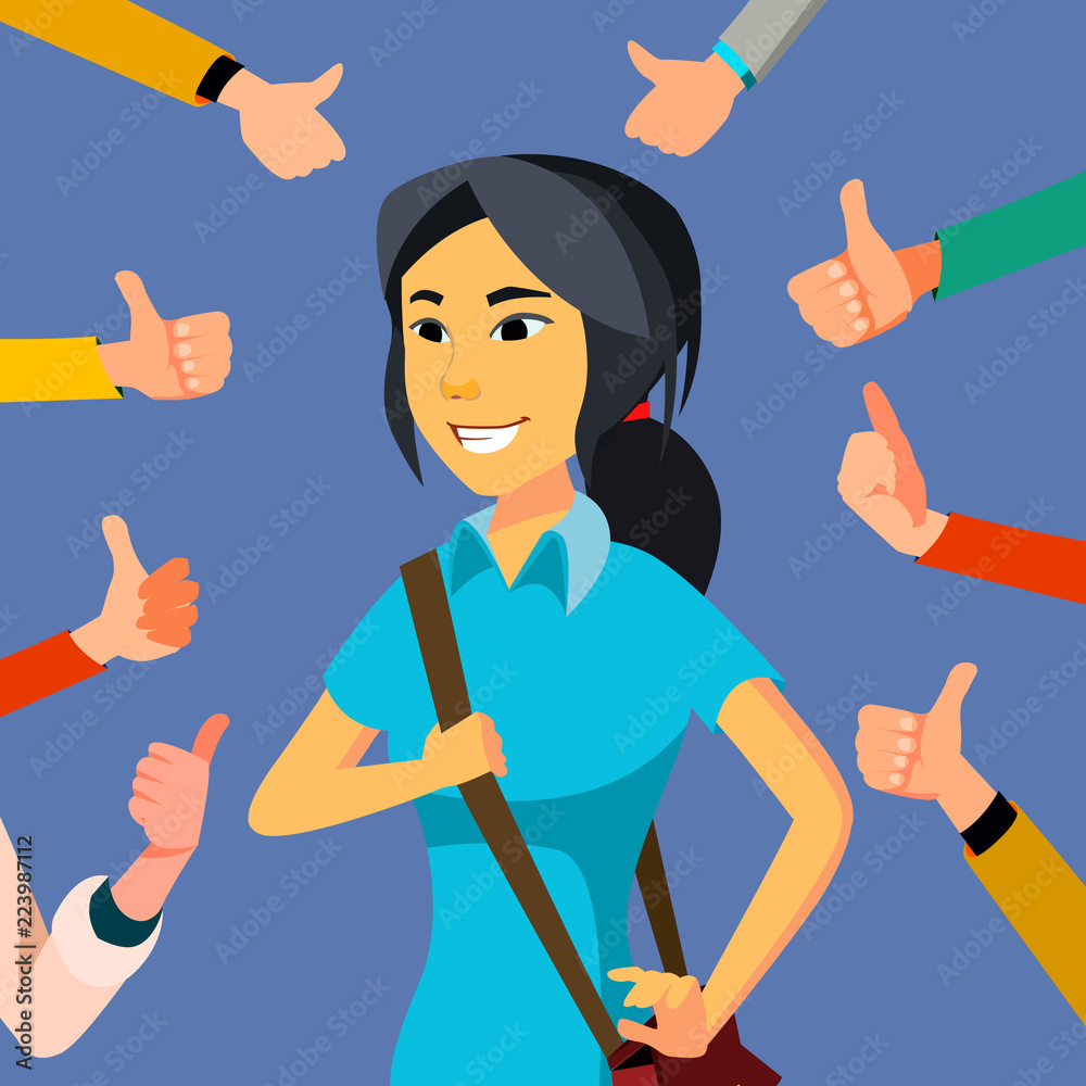 Thumbs Up Business Woman Vector. Public Approval. Asian Worker ... Thumbs Up Business Woman Vector. Public Approval. Asian Worker ...