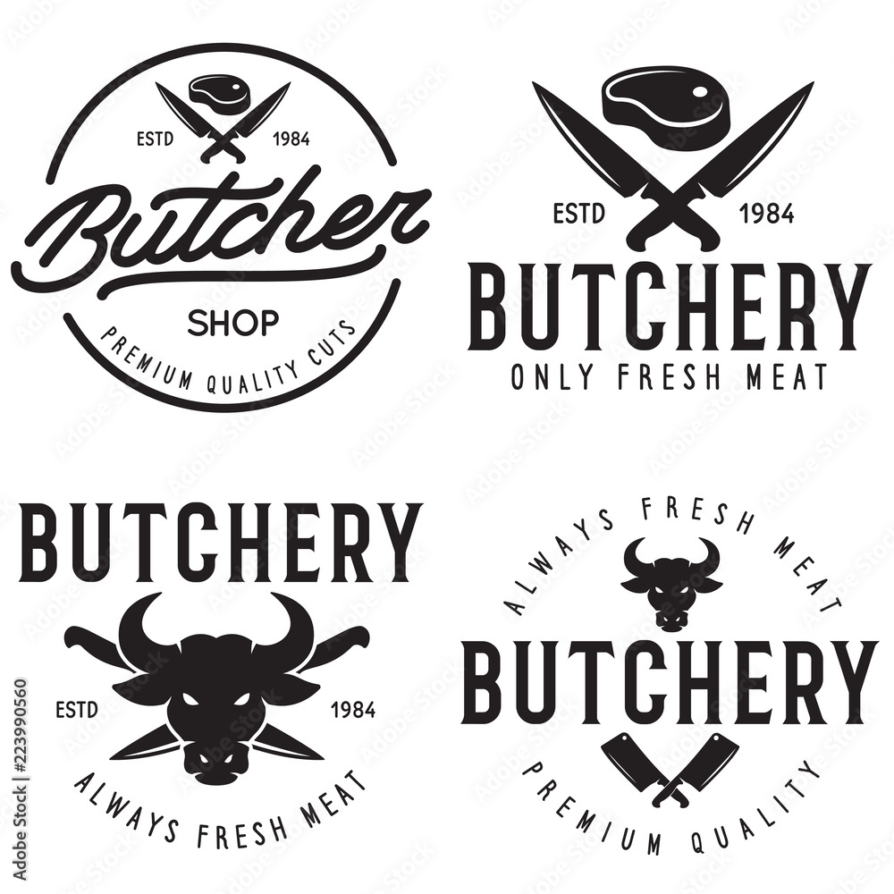 Butcher shop labels badges emblems set. Butchery store advertising ...