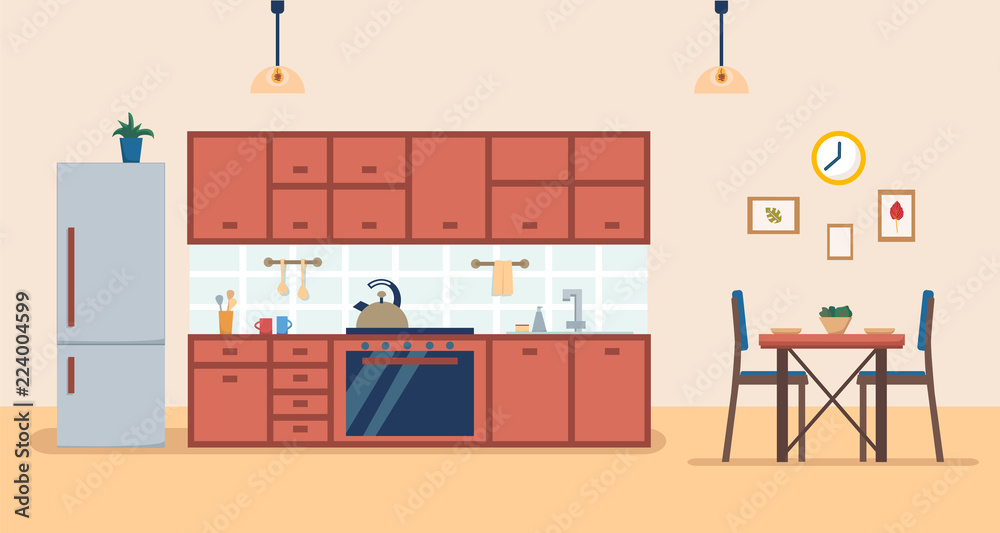 Kitchen interior with furniture and stove, cupboard, fridge, utensils ...