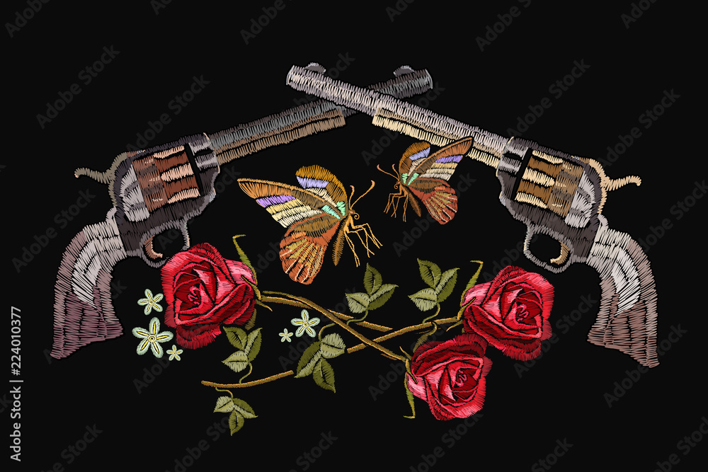 Classical embroidery revolvers and spring roses and tropical butterfly ...