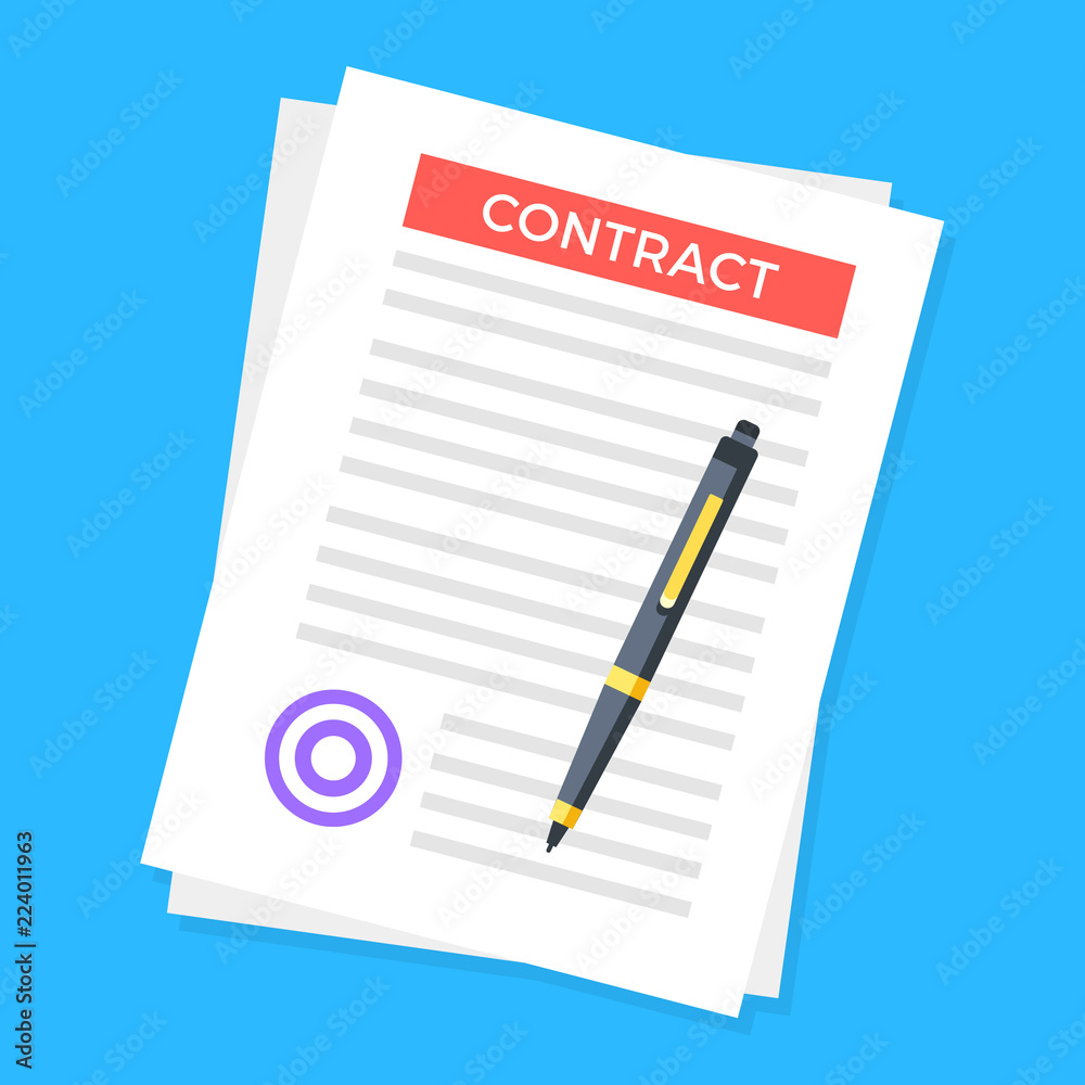 Contract. Document with stamp and pen. Sign a contract concept. Modern ...