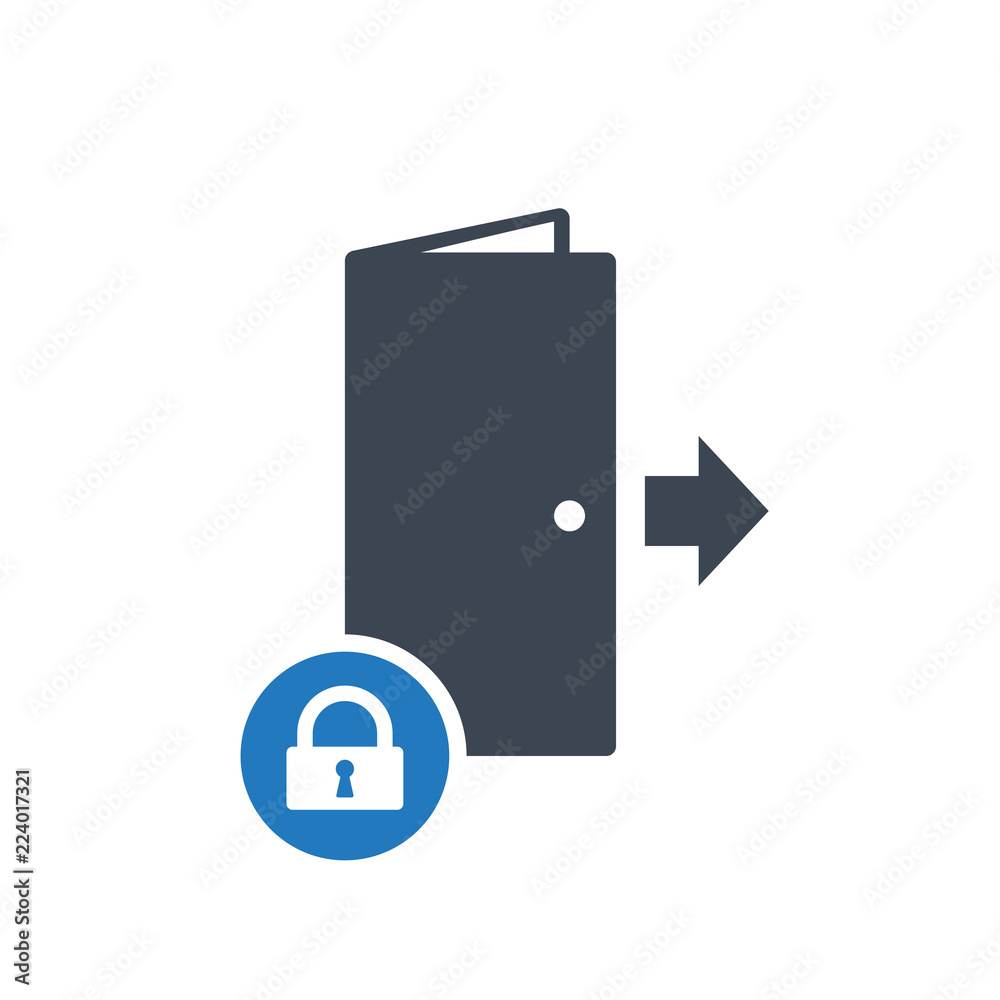Exit icon, emergency, escape, evacuation concept icon with padlock sign ...