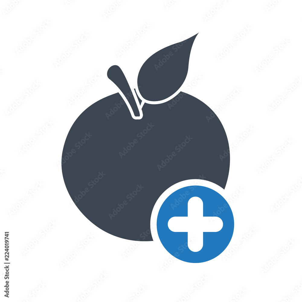 Apple icon, nutrition icon with add sign. Apple icon and new, plus ...