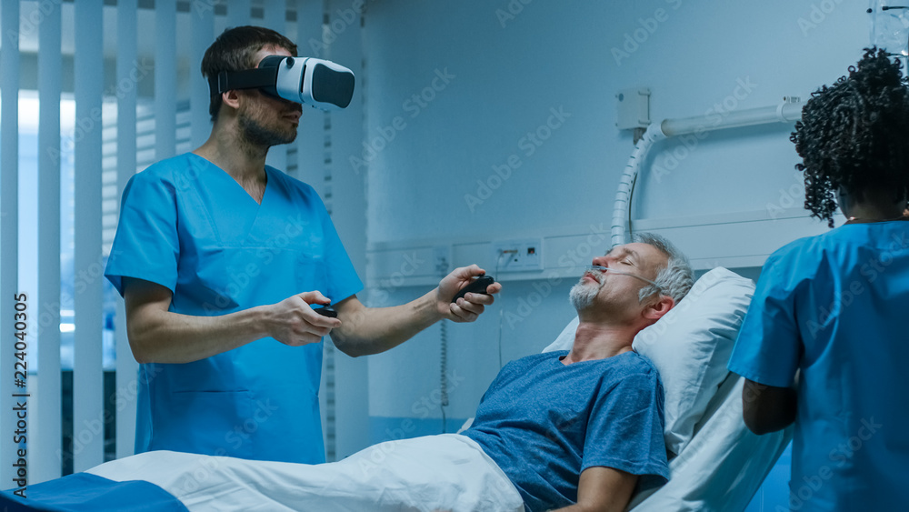 Doctor Wearing Virtual Reality Headset and Holding Joysticks Cures ...
