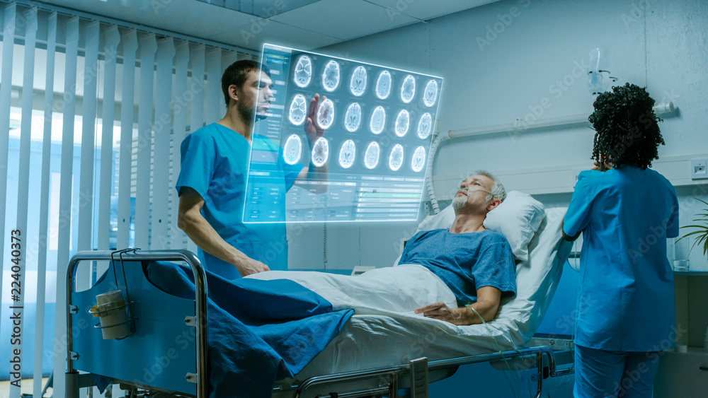 Futuristic Medical Ward with Sick Patient Lying in Bed and Doctor using ...
